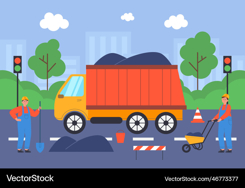 Cartoon workers paving road on highway Royalty Free Vector