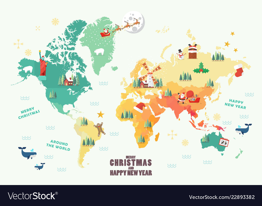 World map with christmas elements Royalty Free Vector Image