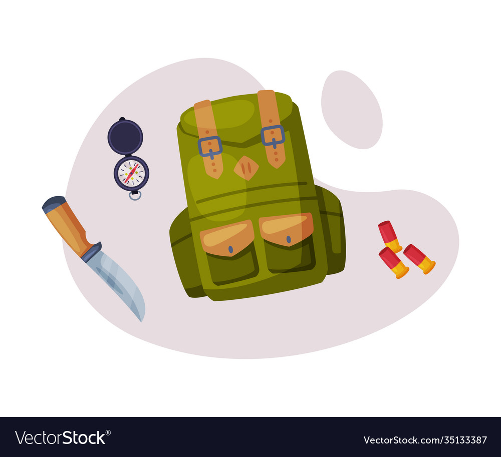 Hunting objects set backpack knife Royalty Free Vector Image