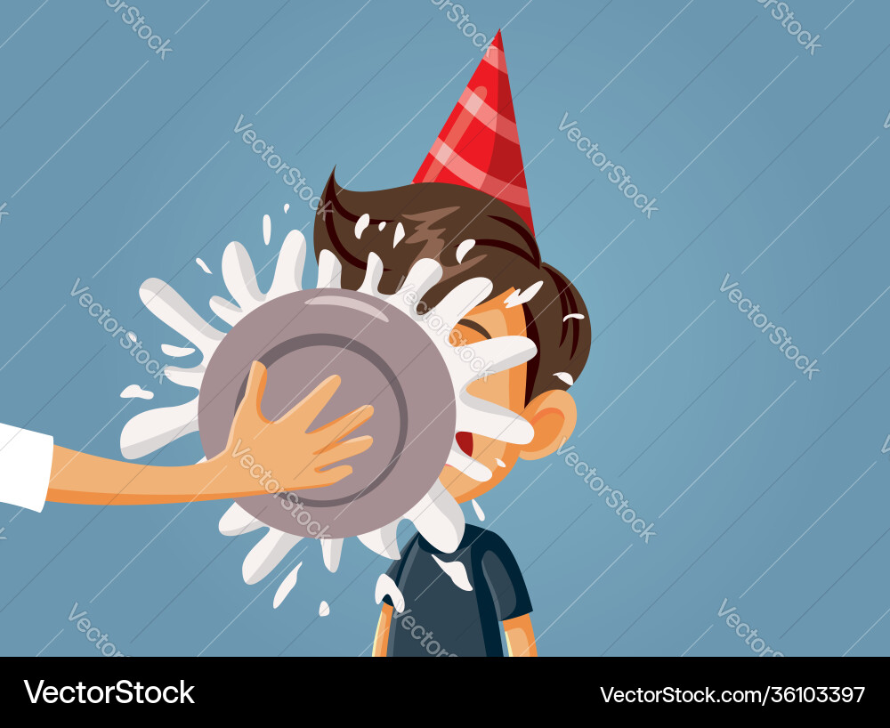 Birthday boy hit in face with a cake Royalty Free Vector