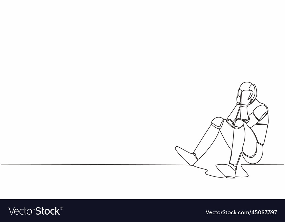 Single continuous line drawing robot cover his Vector Image