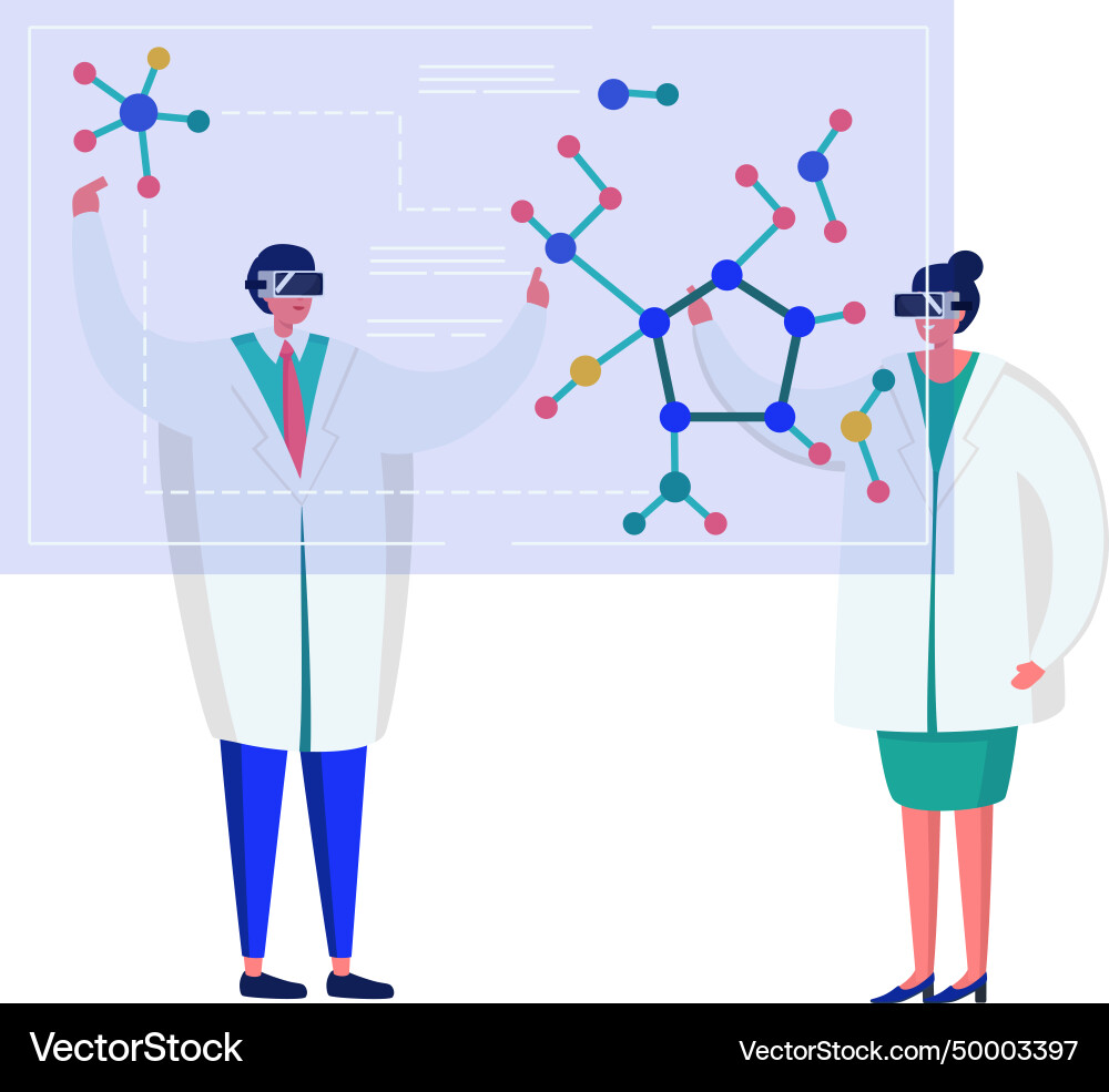 Two scientists male and female discuss molecular Vector Image