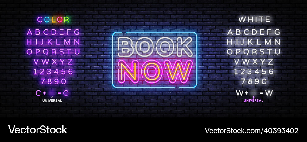 Book now neon for concept design blue book now Vector Image