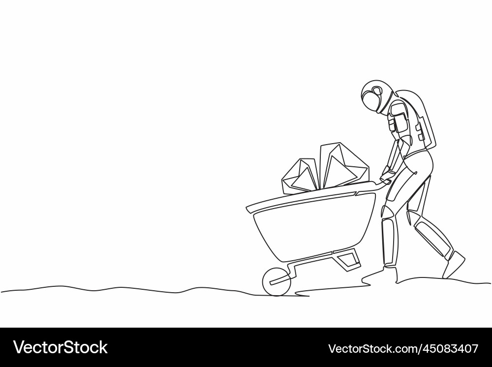 Single one line drawing astronaut pushing cart Vector Image
