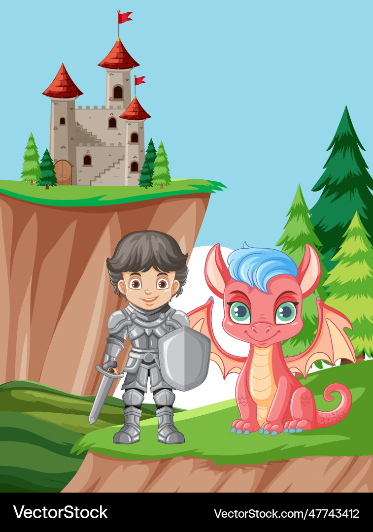Cute dragon with knight and castle Royalty Free Vector Image