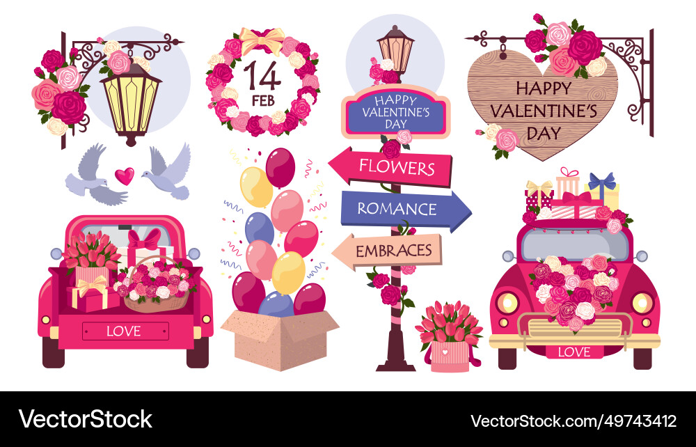 Roses car valentines day set Royalty Free Vector Image