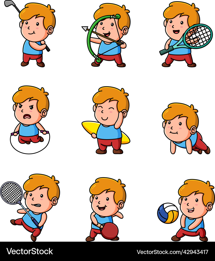 Boy is playing the many sport mascot bundle Vector Image