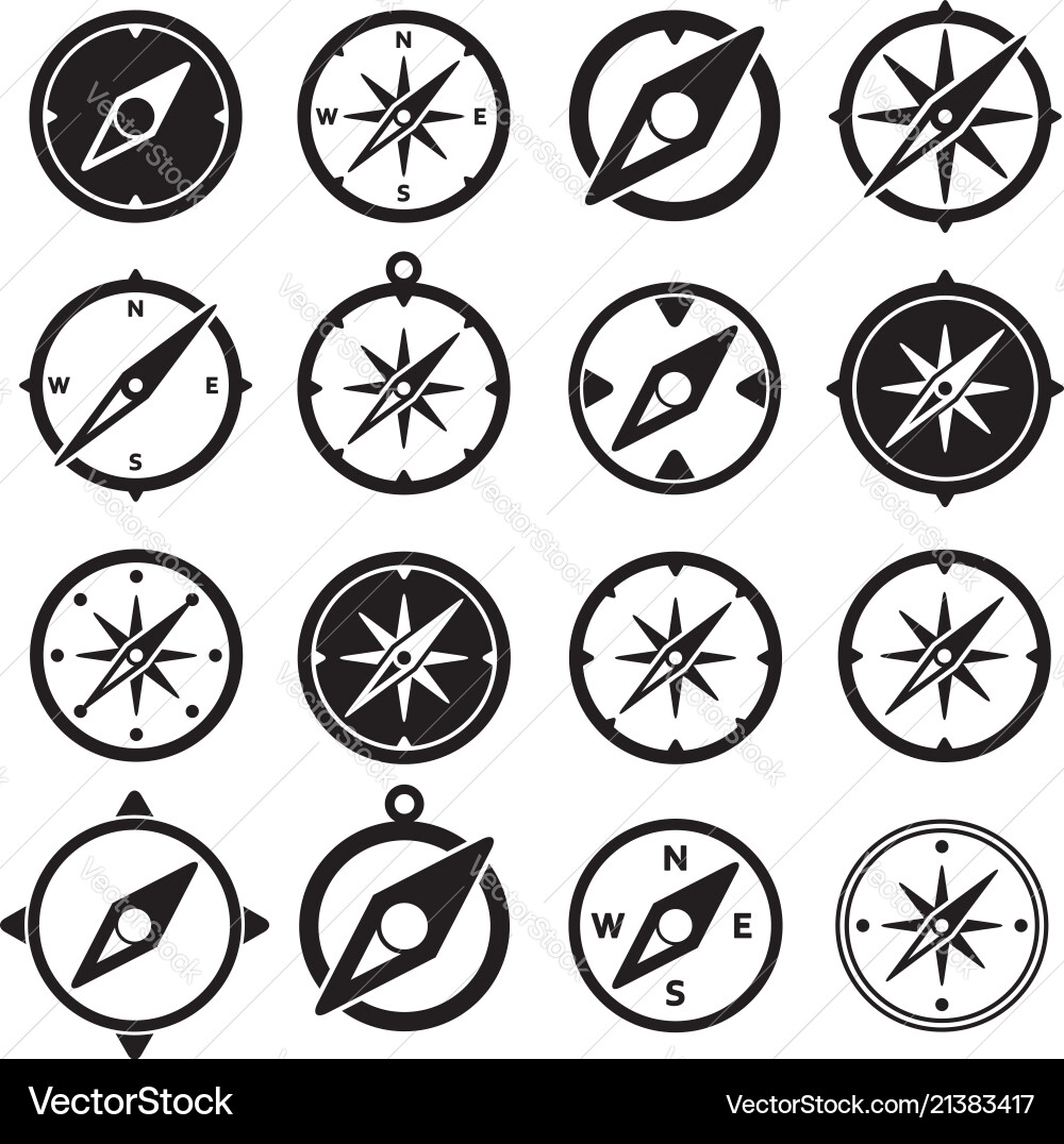 Collection black and white compass icons Vector Image