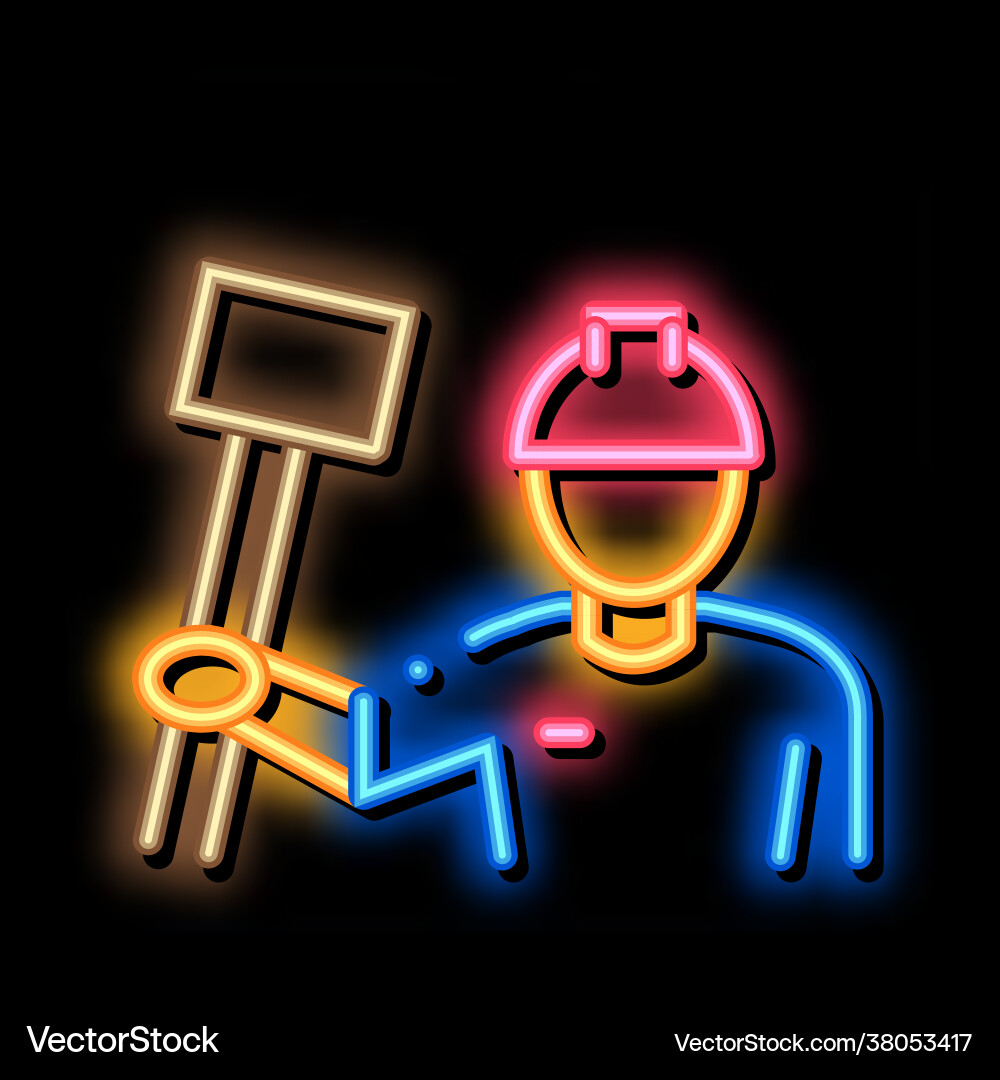 Man hold hammer neon glow icon Royalty Free Vector Image