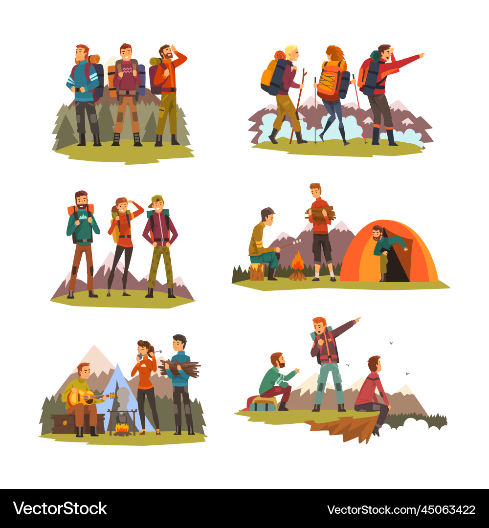 People characters with backpack engaged in hiking Vector Image