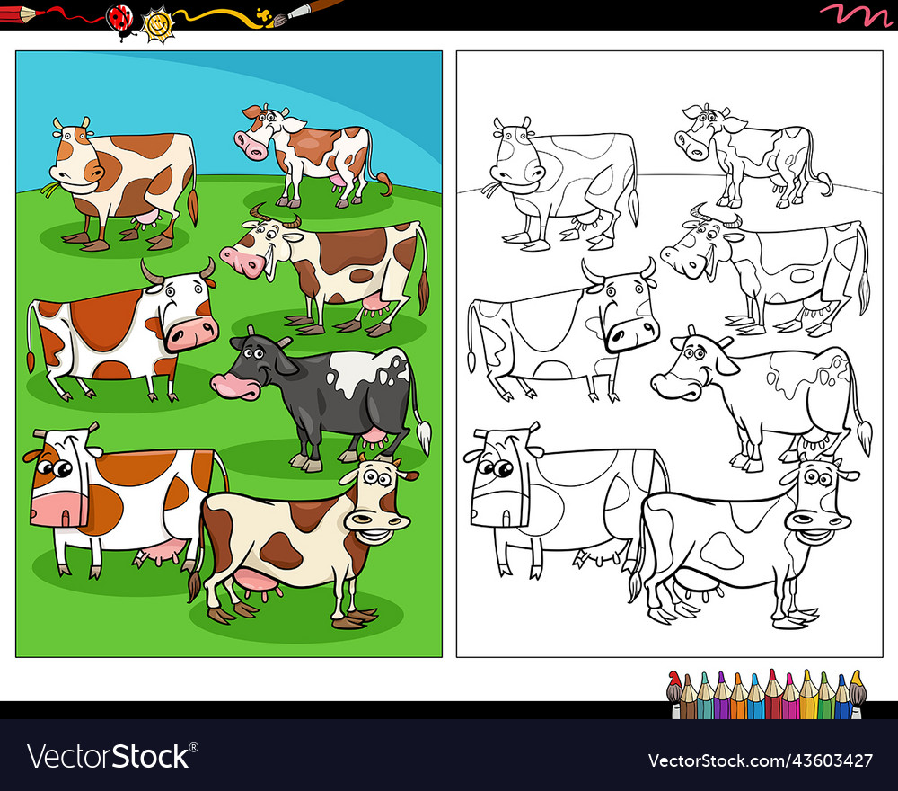 Cartoon cows farm animal characters coloring page Vector Image