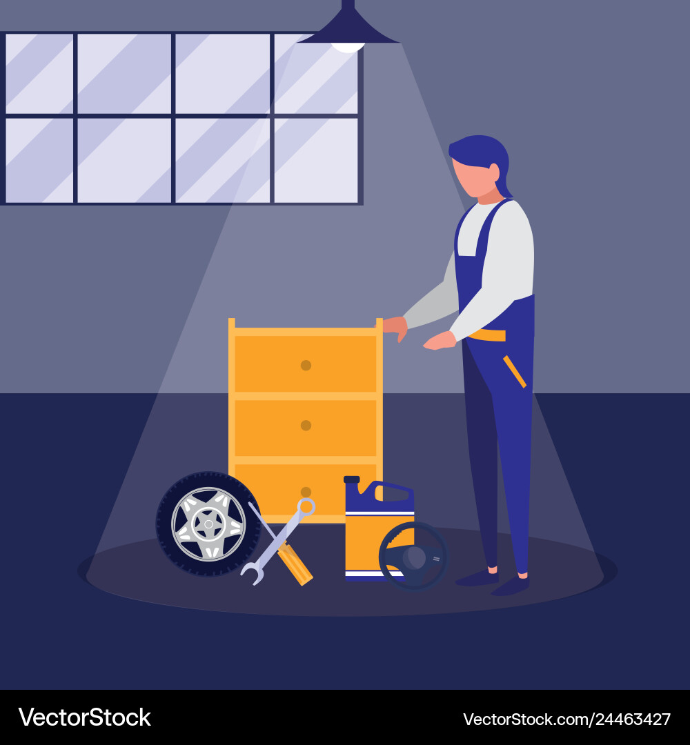 Mechanic worker with tire car and toolbox Vector Image