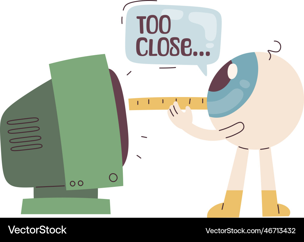 Eyeball character measuring distance from tv Vector Image