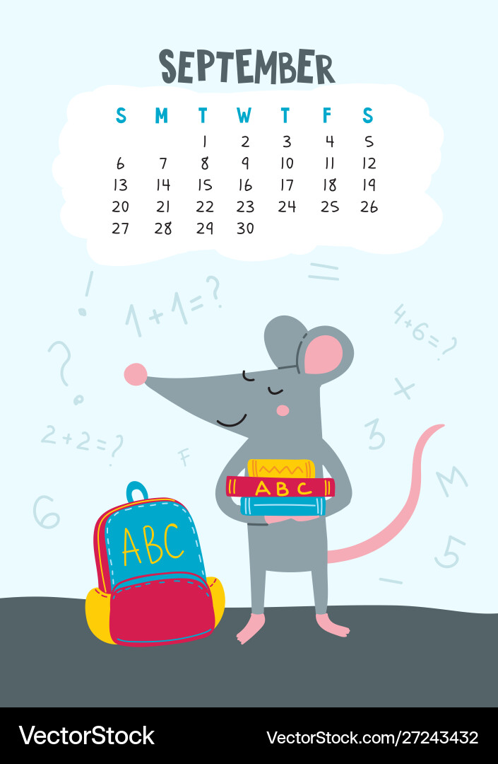 September calendar page with cute rat back Vector Image
