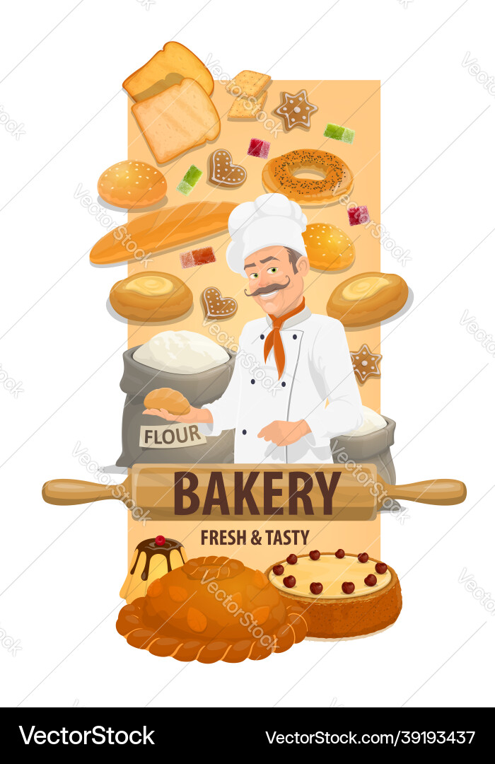 Bakery shop chef with bread and buns banner Vector Image