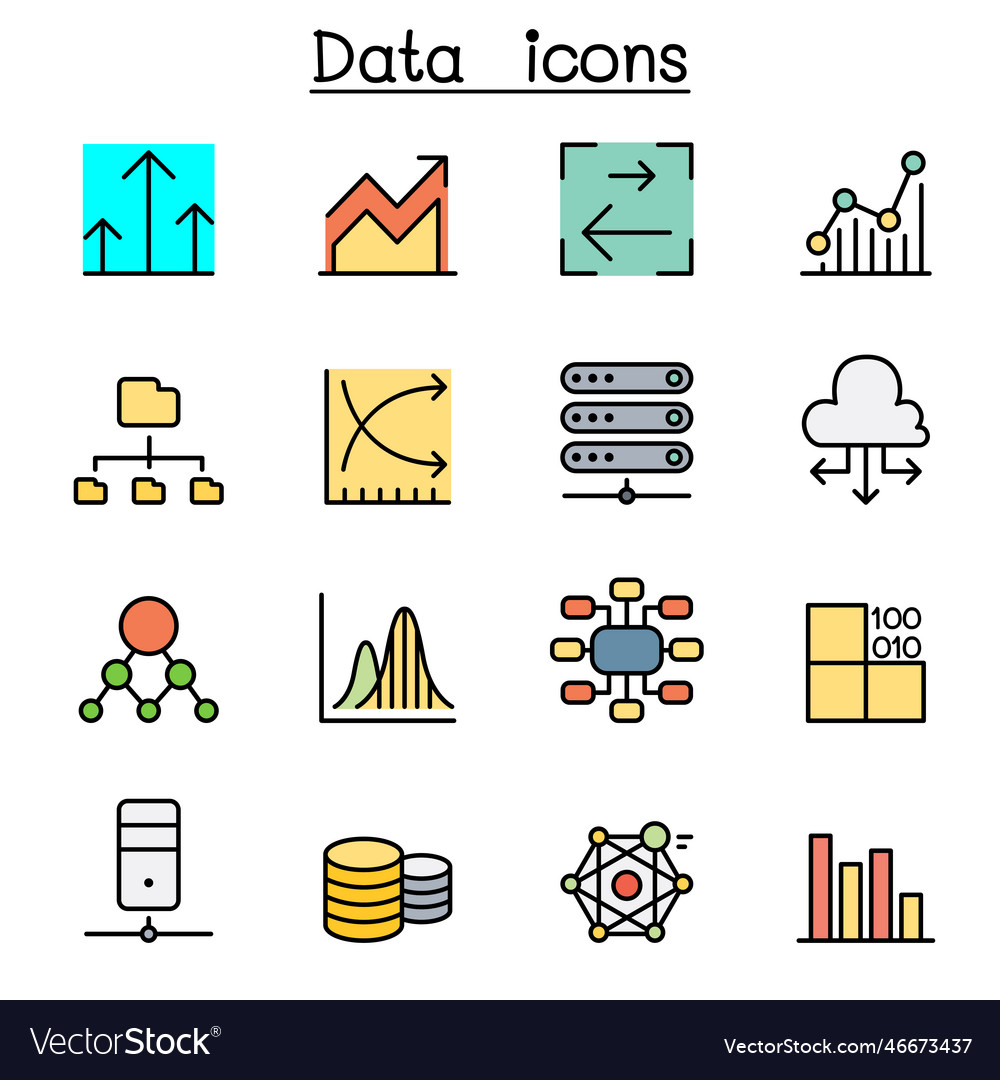 Database data graph color line icon set Royalty Free Vector