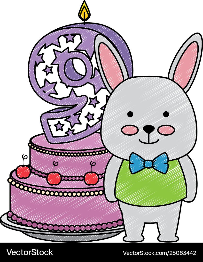 Cute number nine candle with rabbit and cake Vector Image