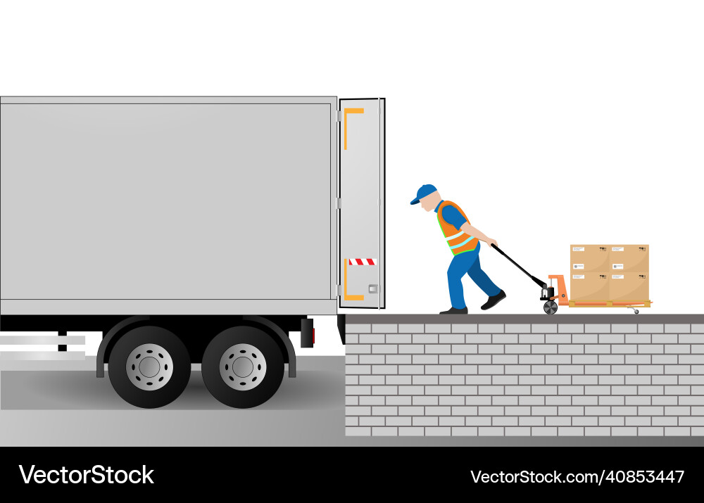 A hand pallet truck loader loads pallets Vector Image