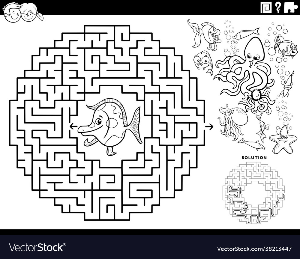 Maze game with cartoon fish and sea animals Vector Image