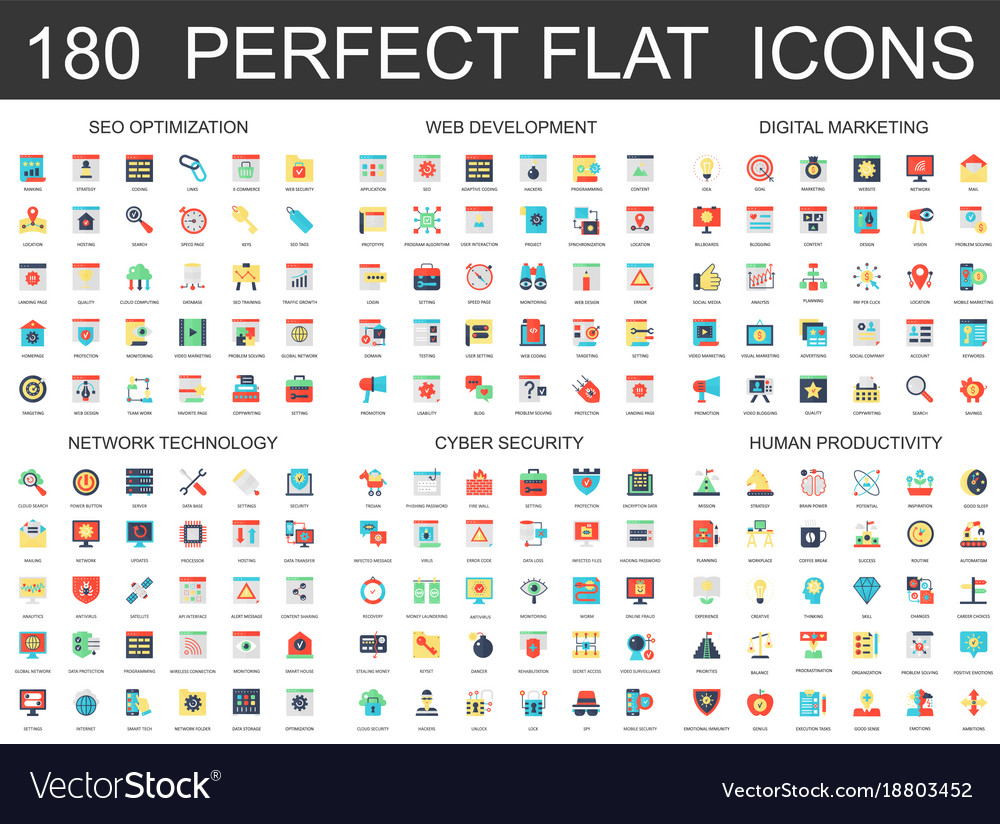 180 modern flat icons set of seo optimization web Vector Image