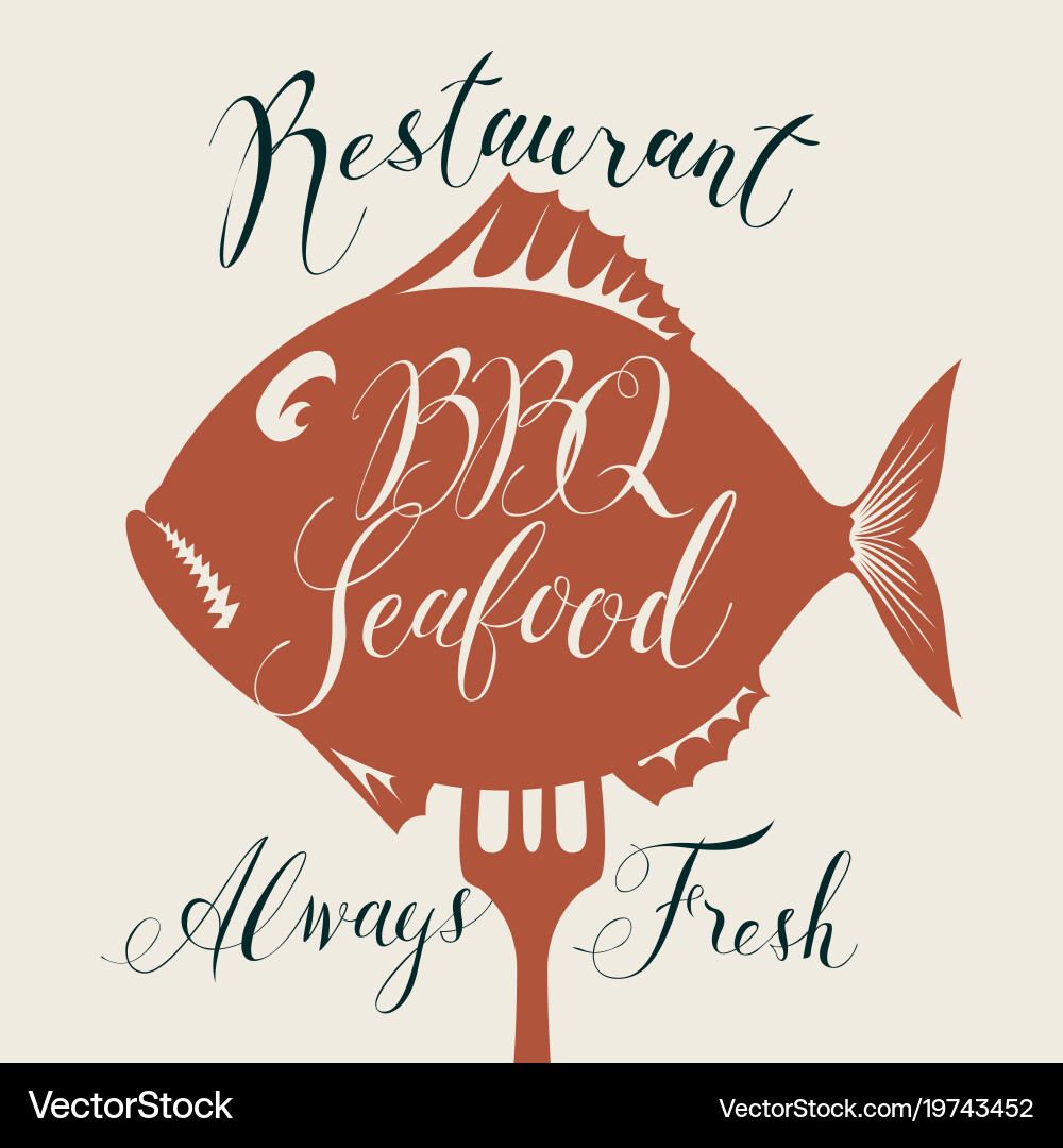 Bbq seafood menu with fish on fork and inscription
