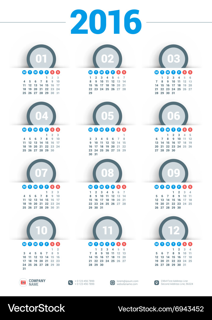 Design print template calendar for 2016 year week Vector Image