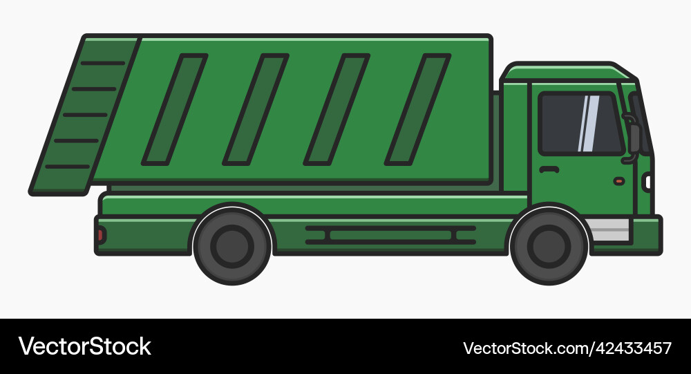 Green city dump garbage truck side view flat Vector Image
