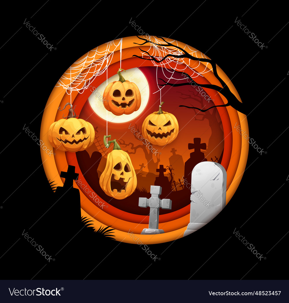 Halloween paper cut banner pumpkins and cemetery Vector Image