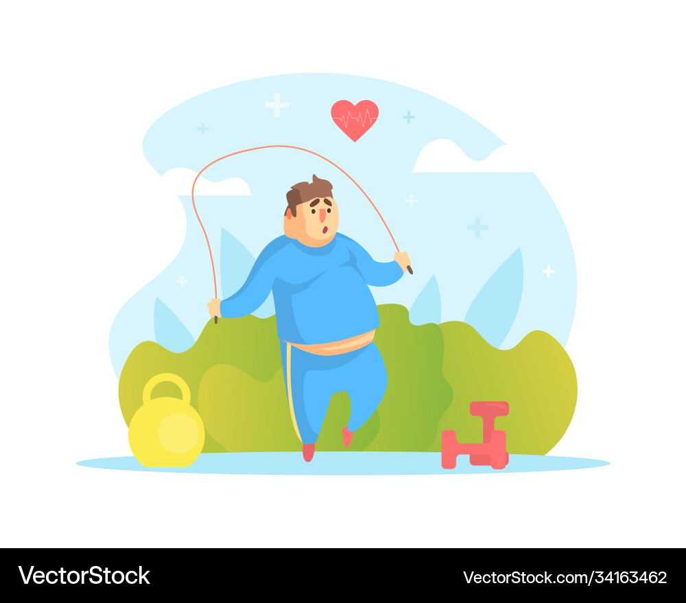 Chubby man jumping with skipping rope overweight Vector Image
