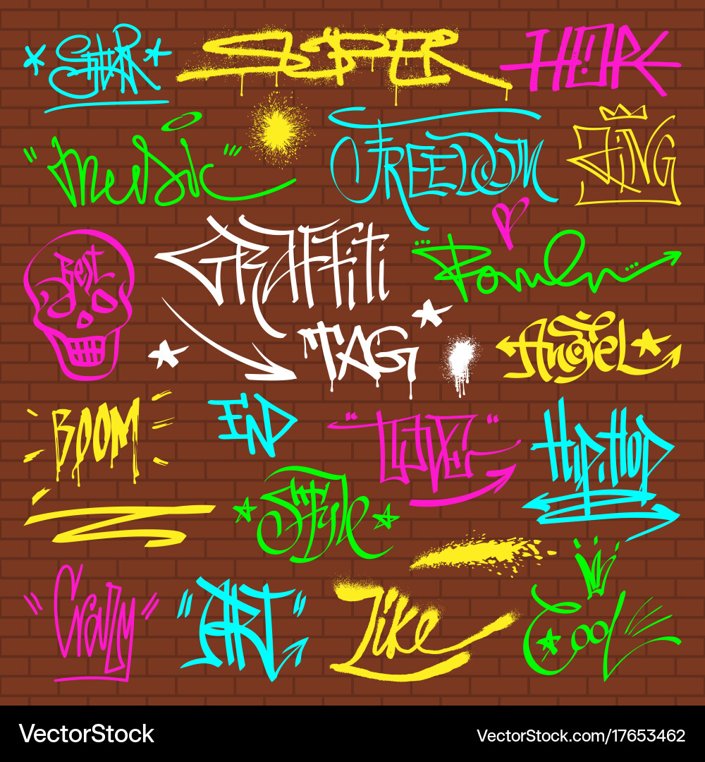 Graffity grunge color font text phrases on wall Vector Image