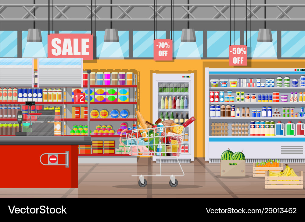 Supermarket store interior with goods Royalty Free Vector