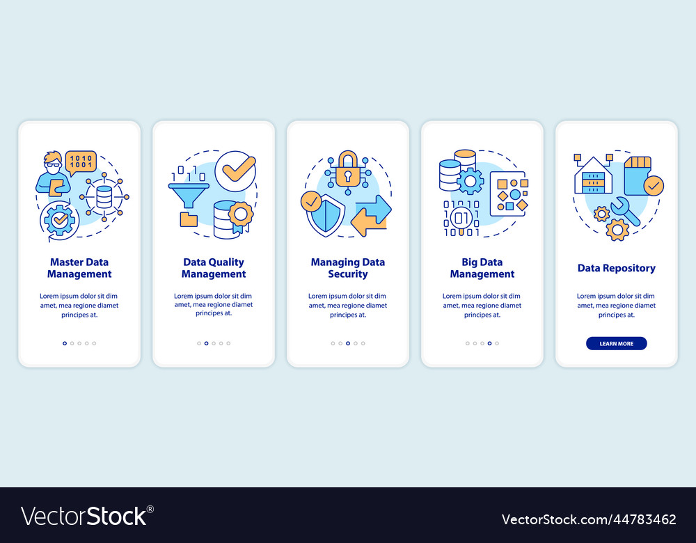 Types of data management onboarding mobile app Vector Image
