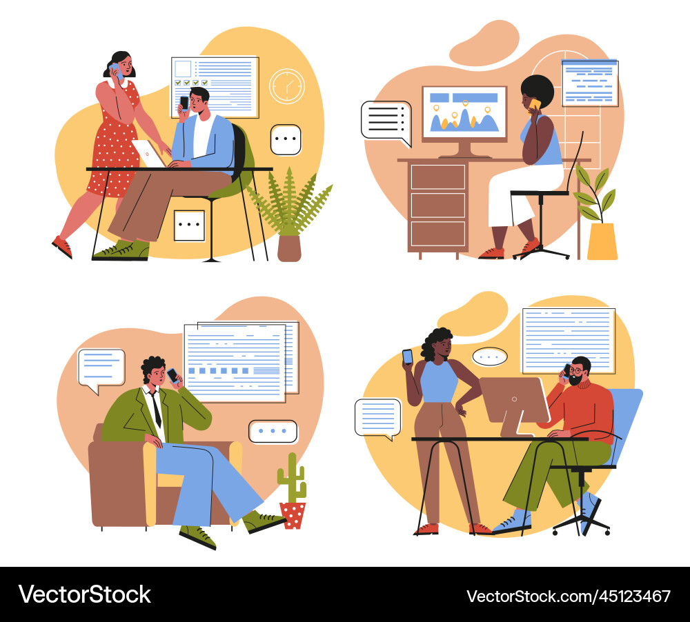 Set of people during work calls Royalty Free Vector Image
