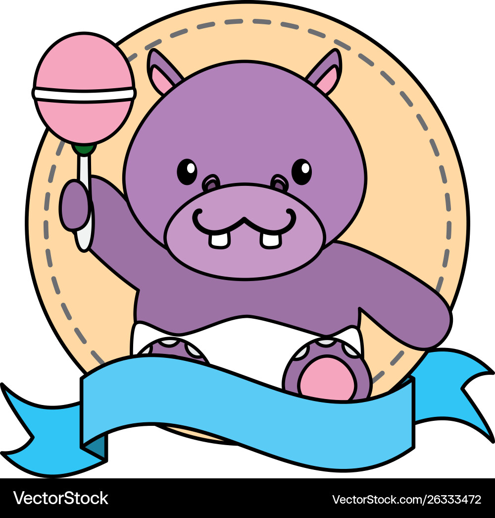 Cute little hippo in frame with ribbon Royalty Free Vector