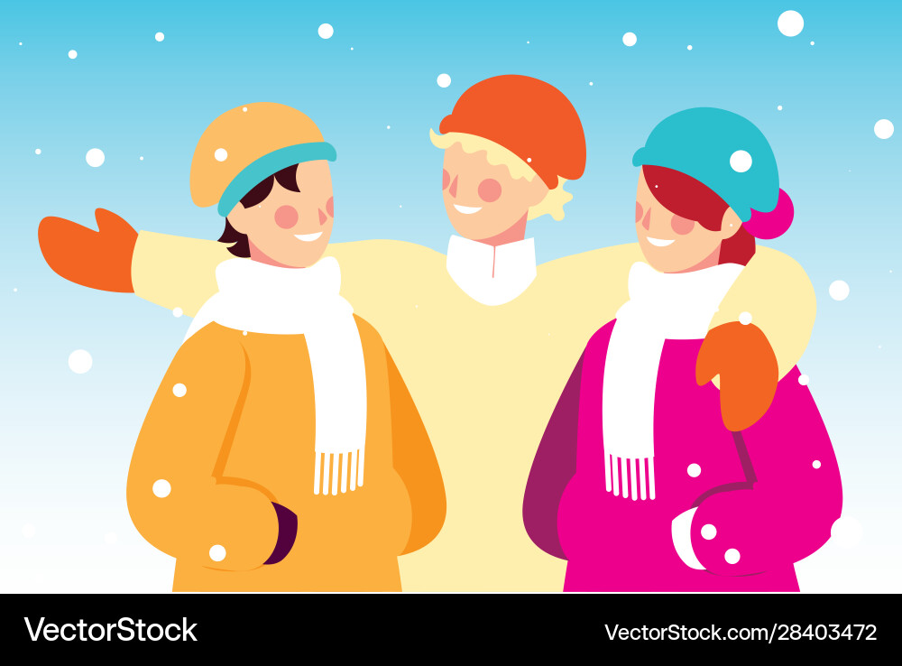 Group people with winter clothes in landscape Vector Image