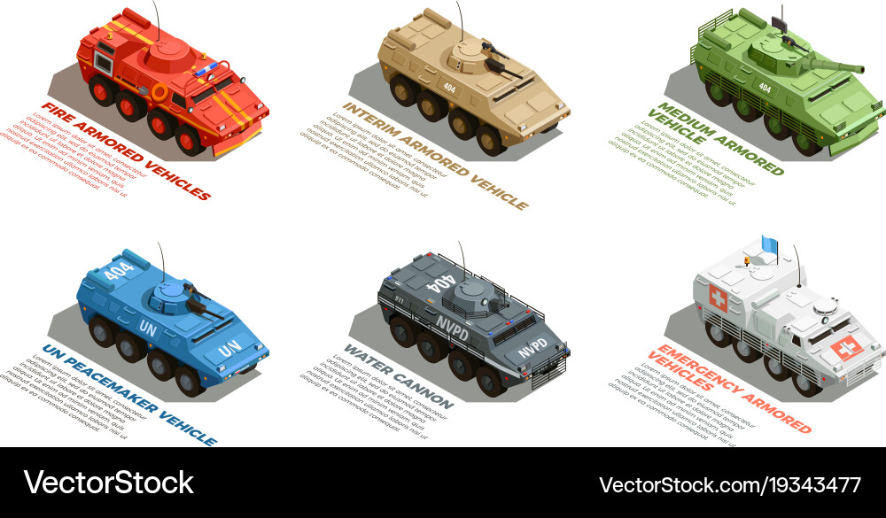 Army military vehicles isometric set Royalty Free Vector