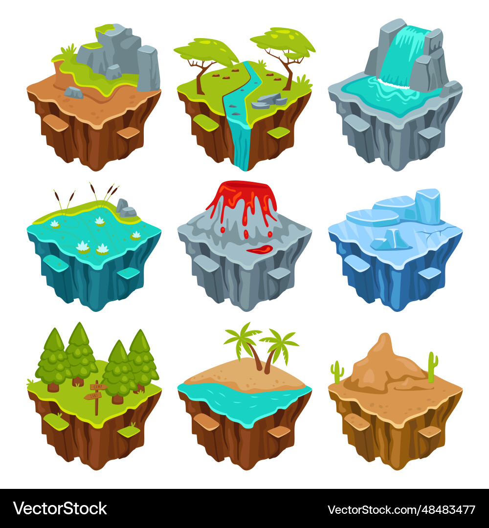 Floating natural island pieces game asset set Vector Image