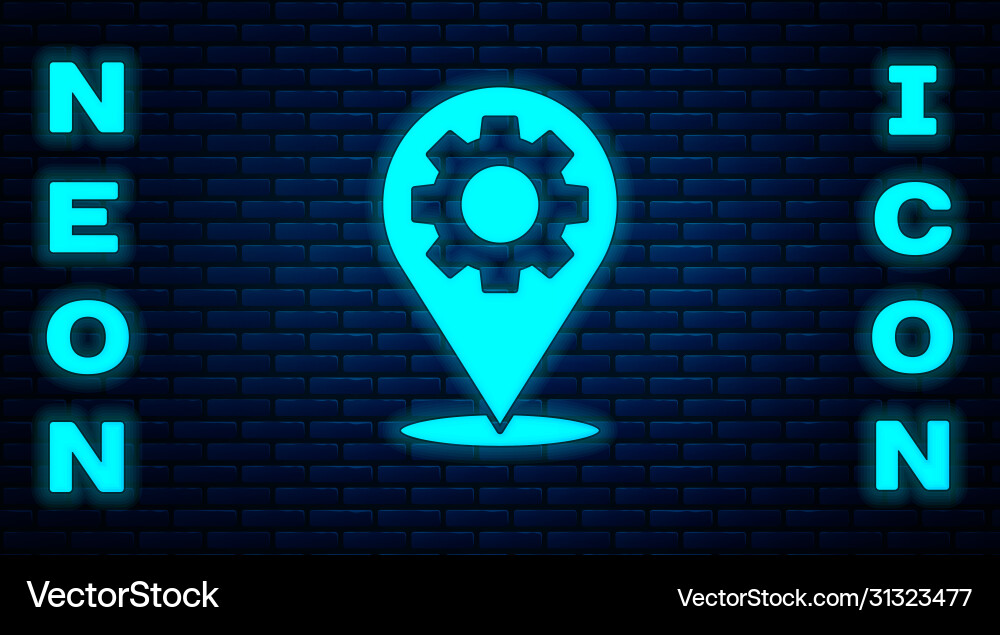 Glowing neon location with gear icon isolated Vector Image