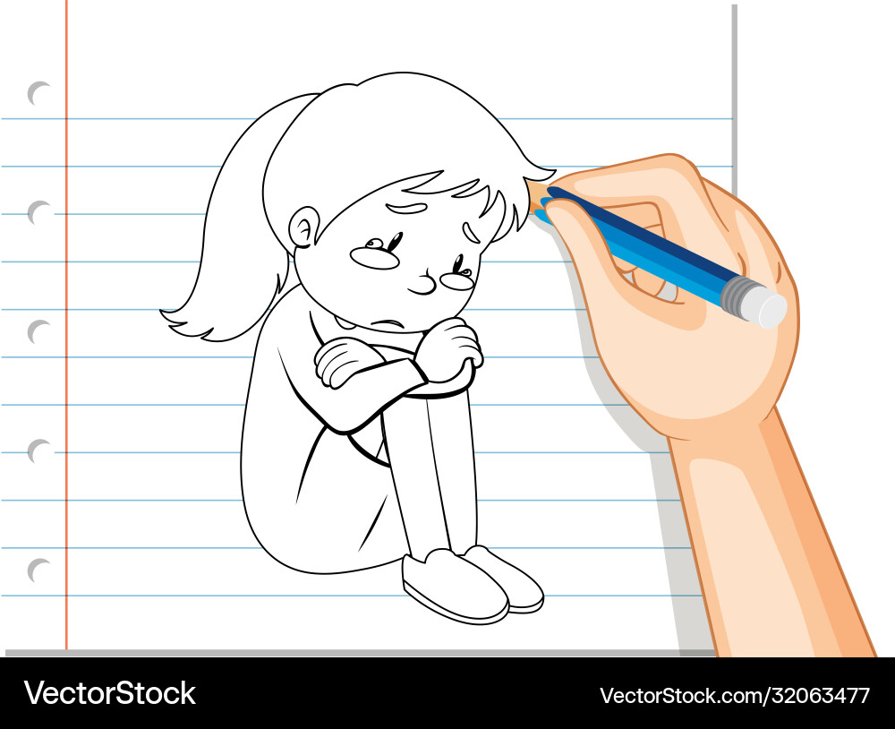 Hand writing girl crying outline Royalty Free Vector Image