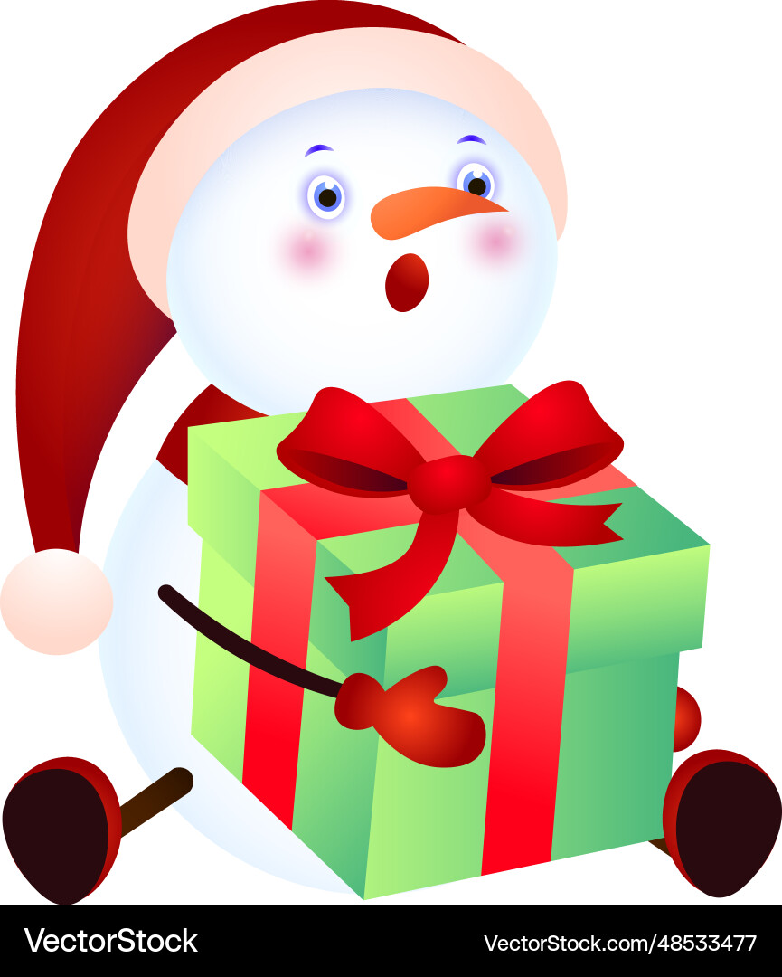 Surprised snowman sitting and holding gift box Vector Image
