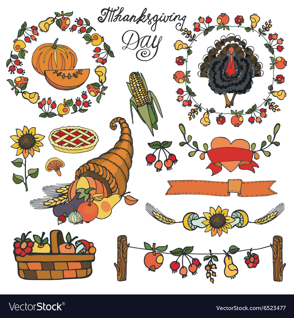 Thanksgiving day decorColorful Doodle set Vector Image