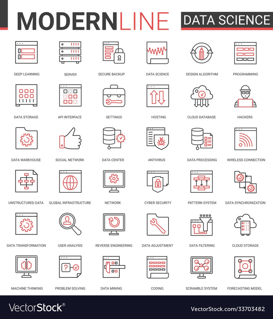 Data science thin red black line icon Royalty Free Vector