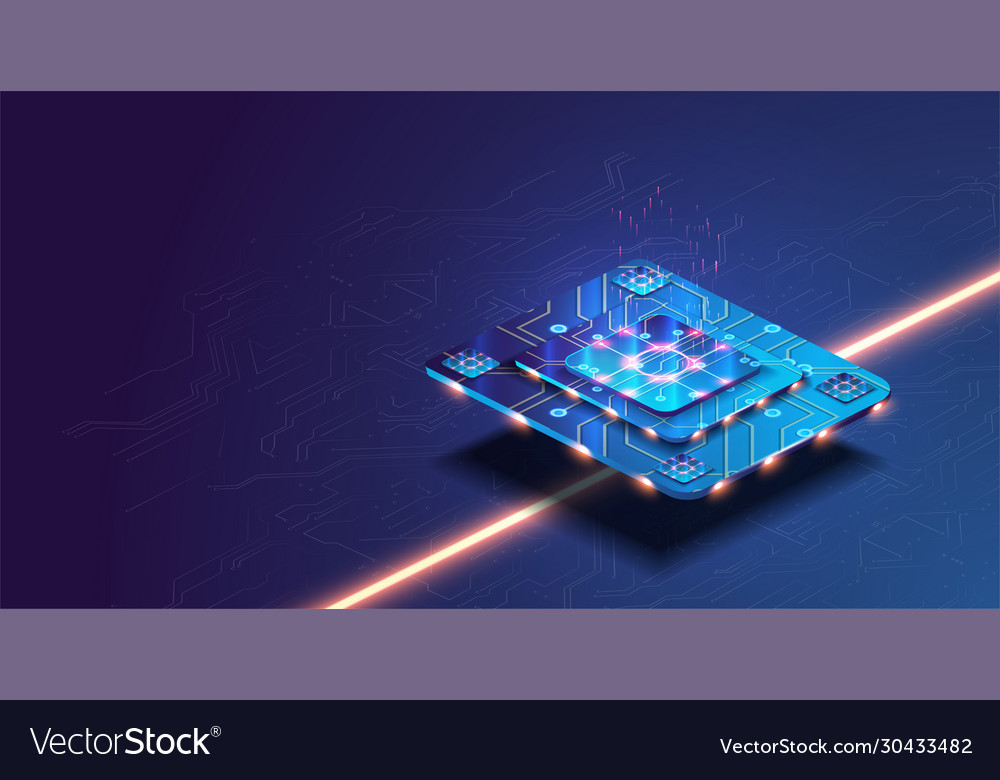 Futuristic microchip processor with lights on the Vector Image