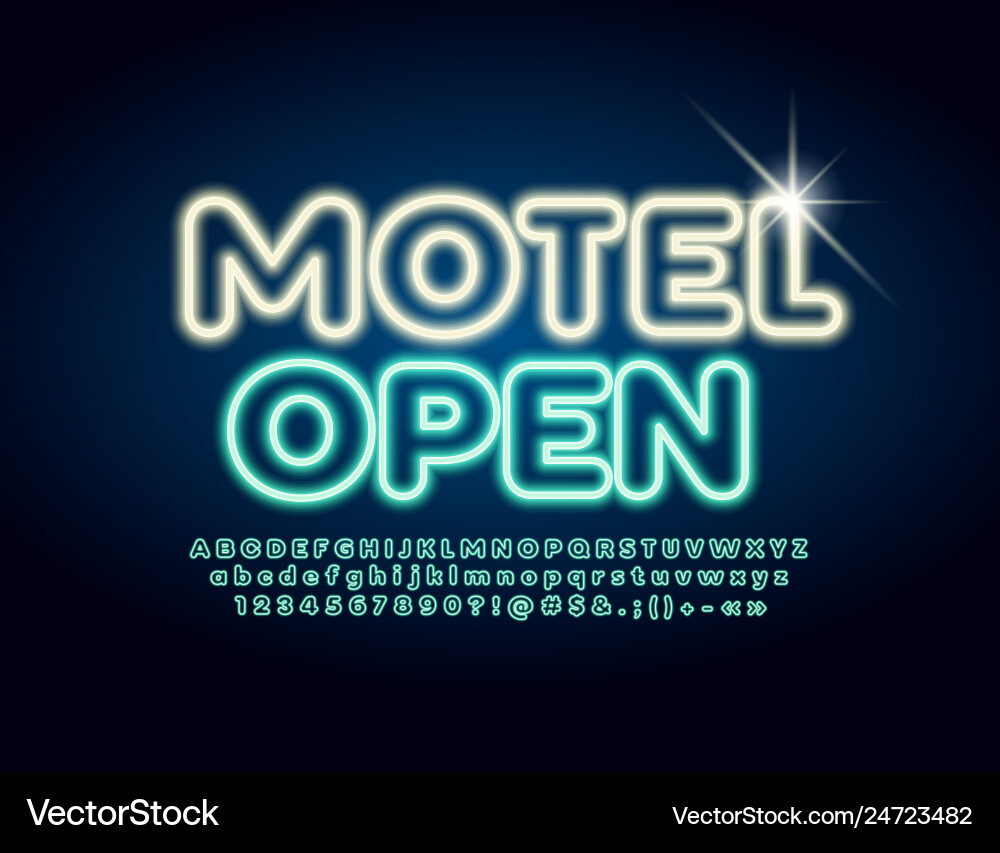 Neon glowing sign motel open illuminated alphabet Vector Image