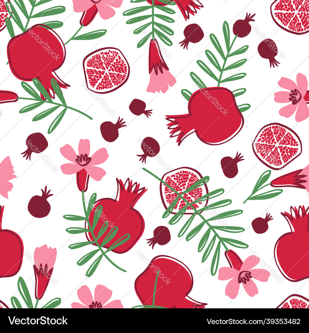 Seamless pattern with flowers fruits and green Vector Image
