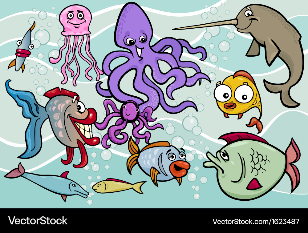 Sea life animals group cartoon Royalty Free Vector Image
