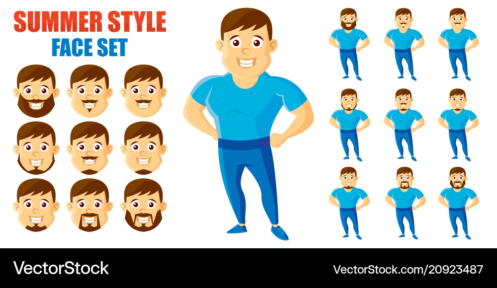 Summer style man face set cartoon character Vector Image