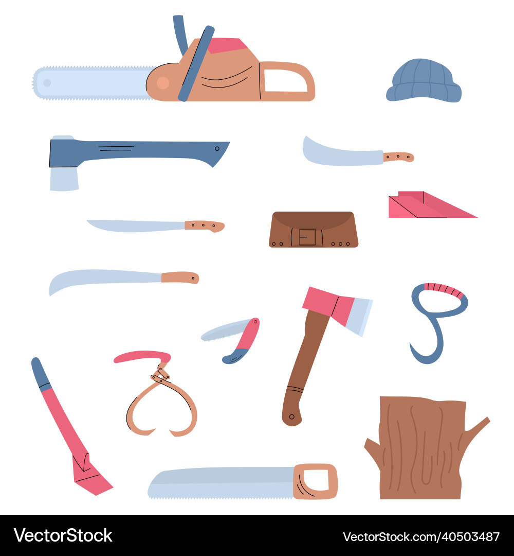 Timber and lumber industry tools set flat cartoon Vector Image