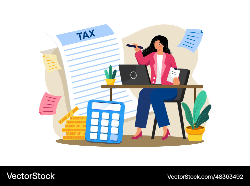 An accountant prepares tax returns for a small Vector Image