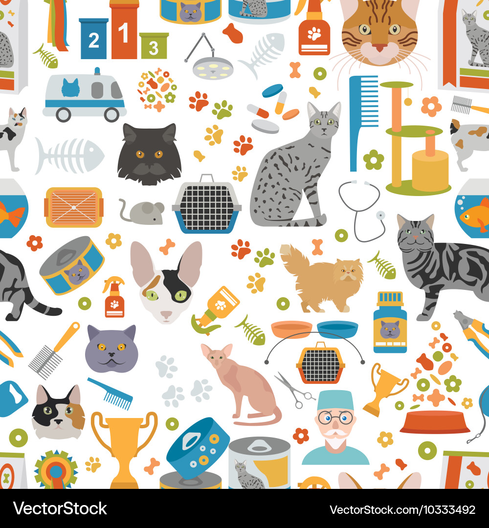 Cat characters and vet care seamless pattern flat Vector Image